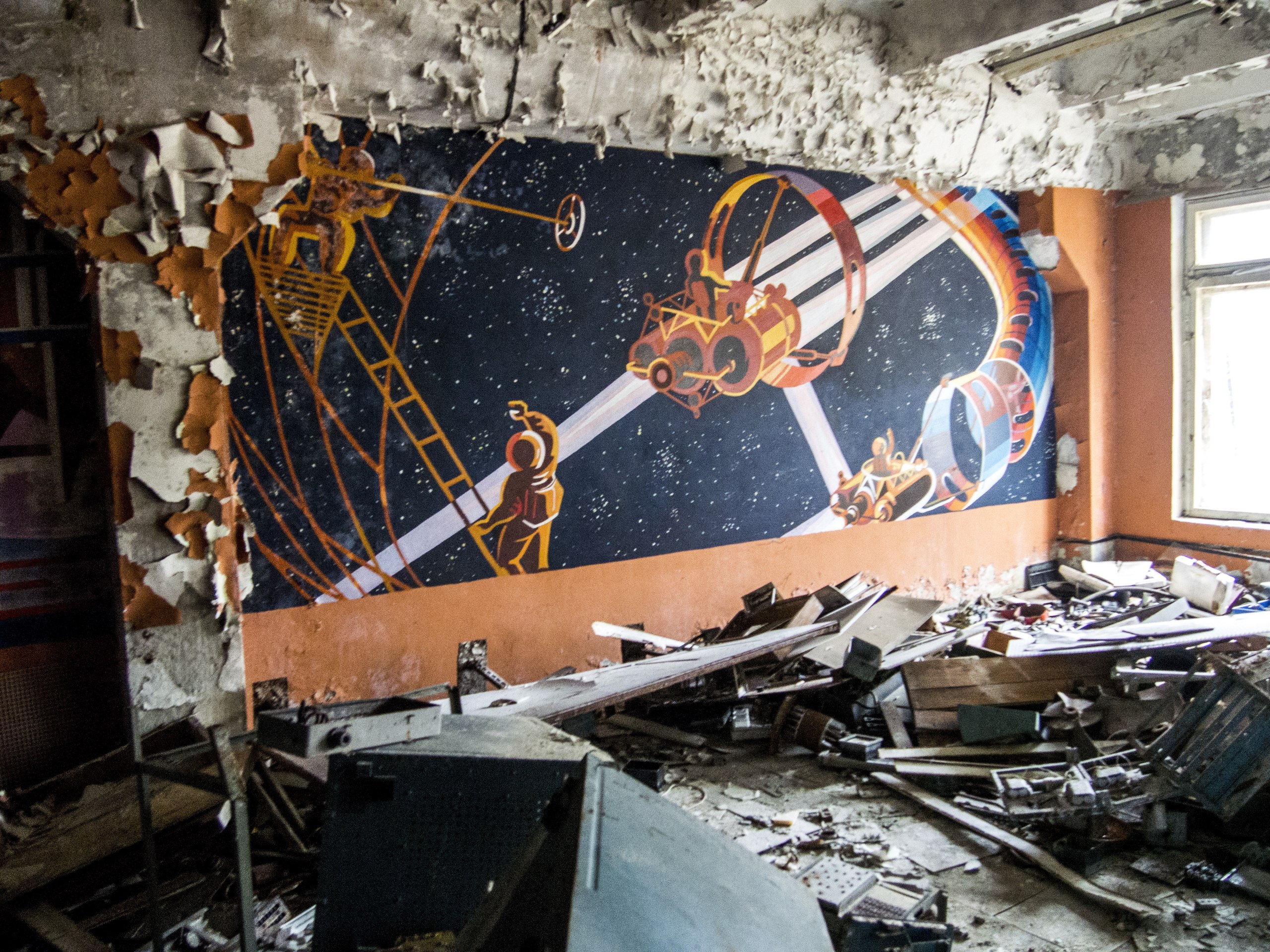 A space-age Soviet mural decays in the administrative building of the ...